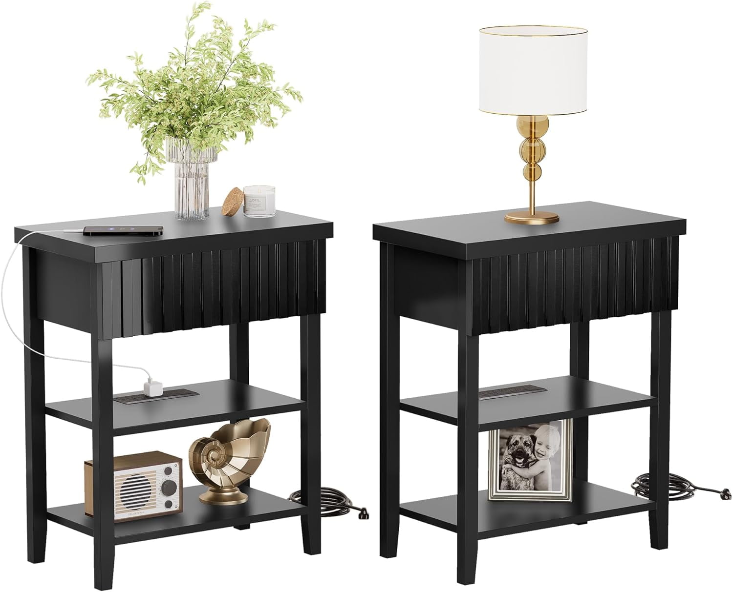 Set of 2 Fluted End Table with Charging Station, 20.1" Modern Bedside ...