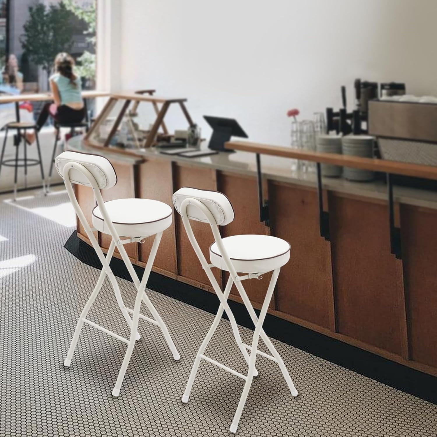 Set of 2-Folding Bar Stool Chair with Back, White Tall Foldable Chair ...