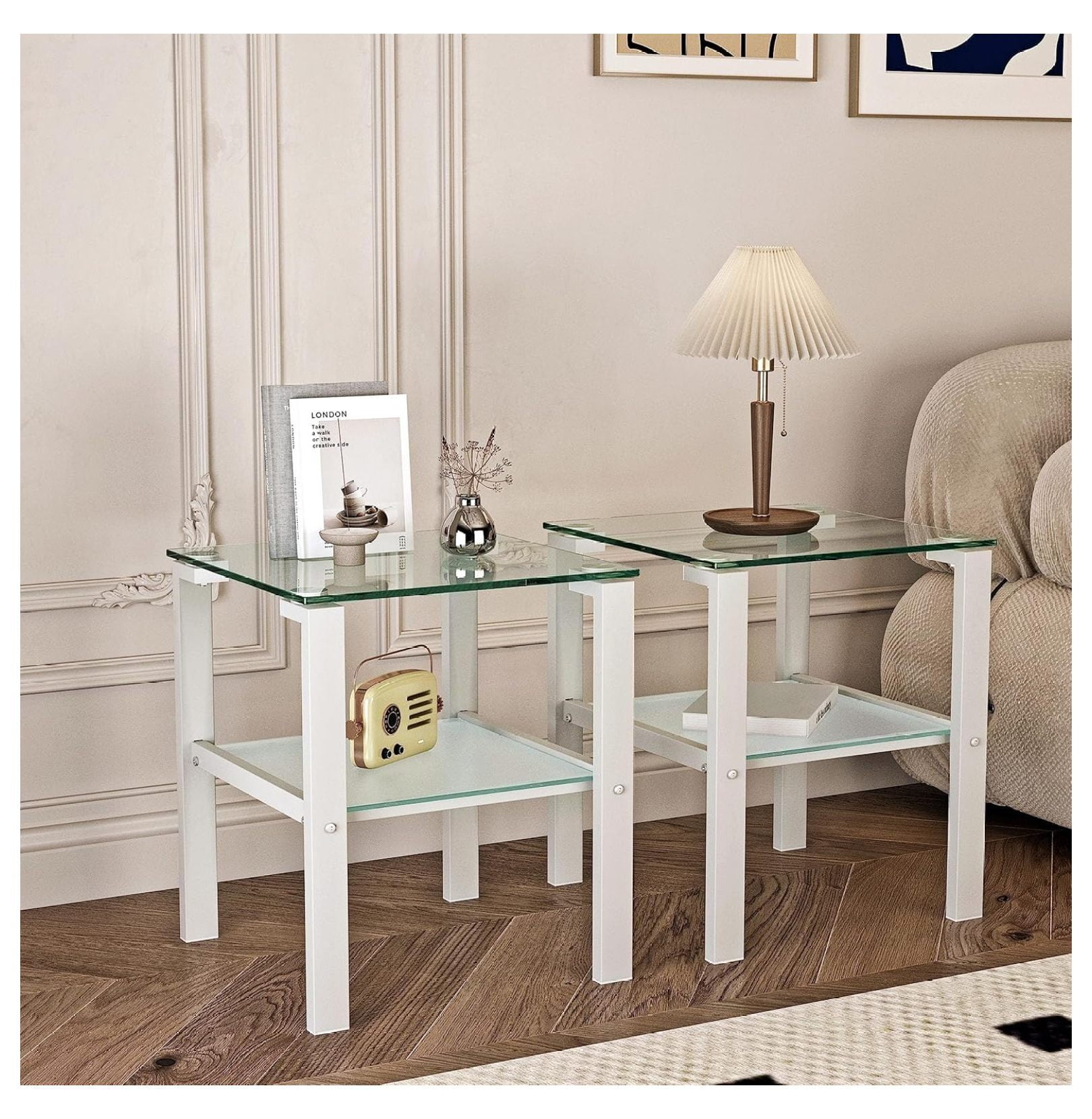 Set of 2 Glass Nightstand with 2 Layer Tea Table, Small Bedroom Corner ...