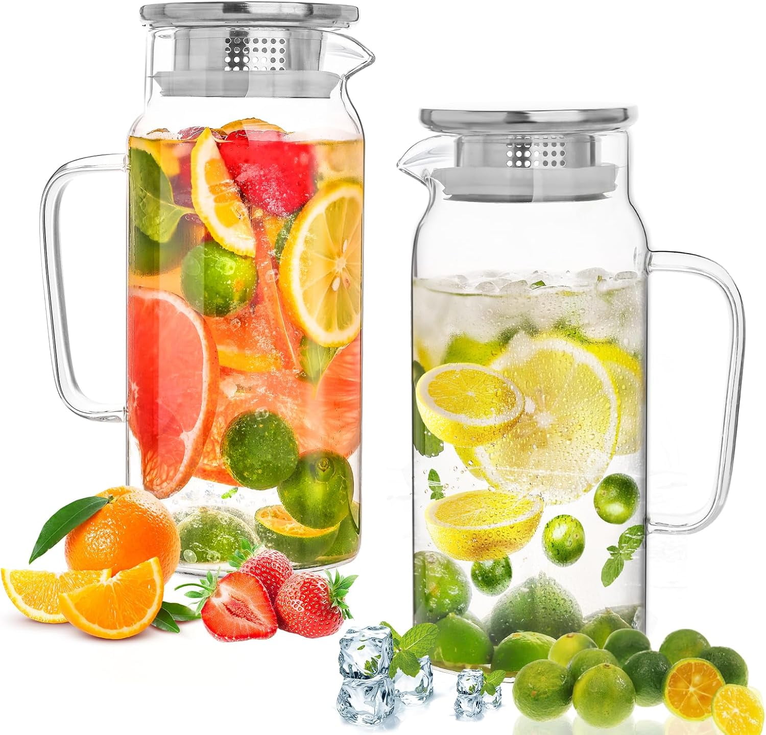 Set of 2 Glass Water Bottles with Lids, 2 Quart 1500ml Leakproof, Glass ...
