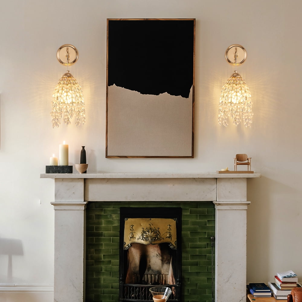 Set of 2 Gold Frame and Cascading Crystal Bead String Wall Sconces, E12 ...