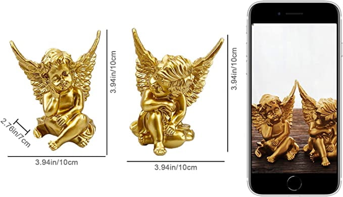 Set of 2 Gold Mini Angels Resin Cherubs Statue Figurine, Indoor Outdoor ...