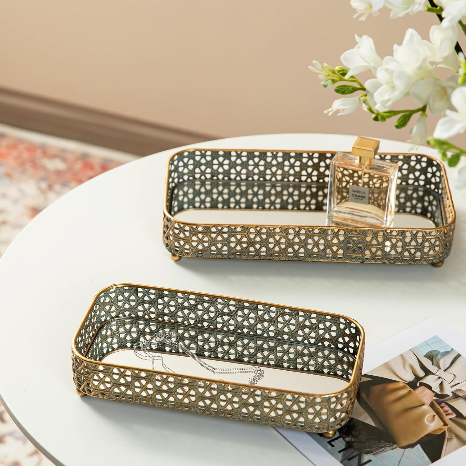 Set of 2 Gold Mirror Vanity Trays, Rectangular Metal Decorative Jewelry ...