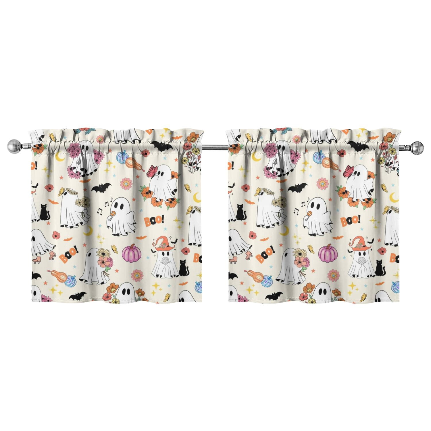 Set of 2 Halloween Tier Curtains with Witch and Bat Pattern, Spooky ...