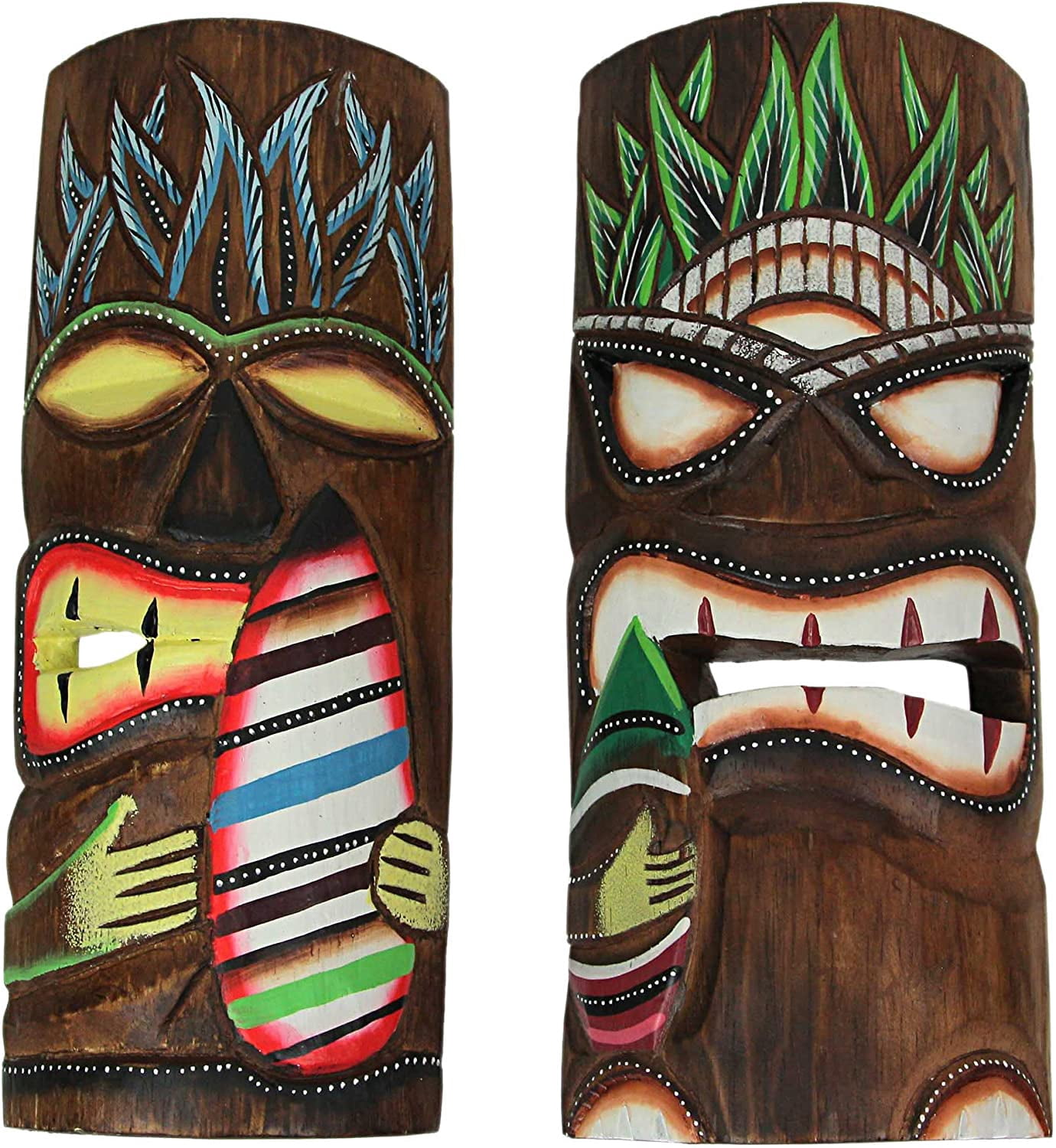 Set of 2 Hand-Carved Polynesian-Style Wooden Surfer Tiki Masks Wall ...
