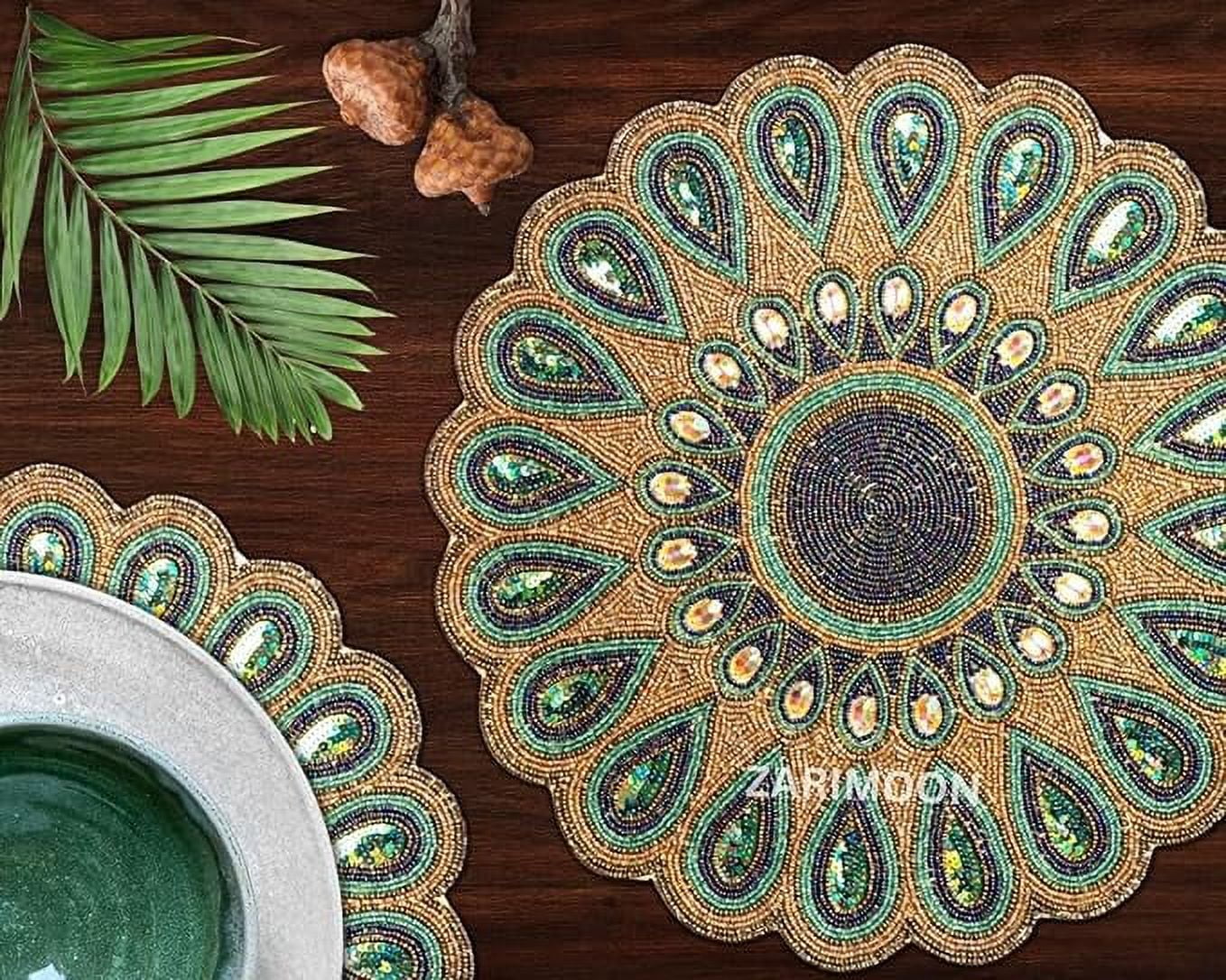 Set of 2 Handmade Beaded placemat, Green Peacock Feather Round Table ...