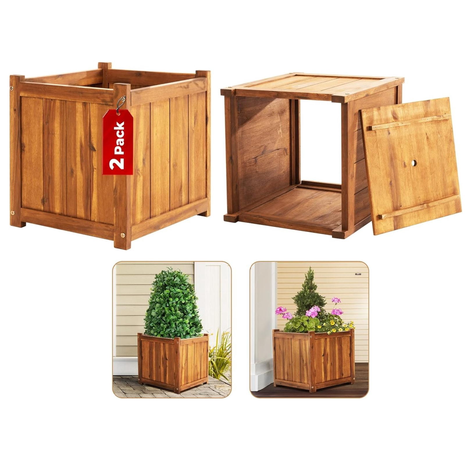 Set of 2 Hardwood Outdoor Flower Box, Durable Acacia Wood Flower Boxes ...