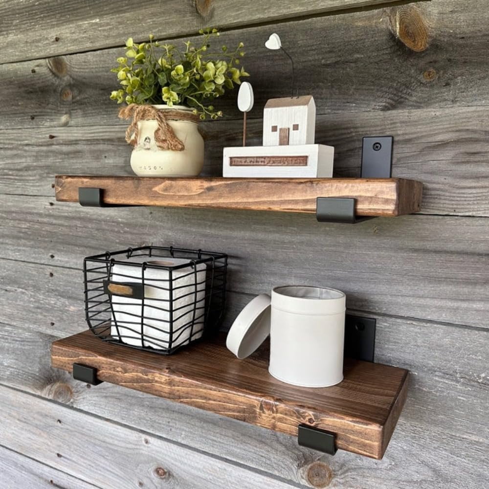 Set of 2 Heavy Duty Rustic Floating Shelf with J Shape Flat Brackets ...
