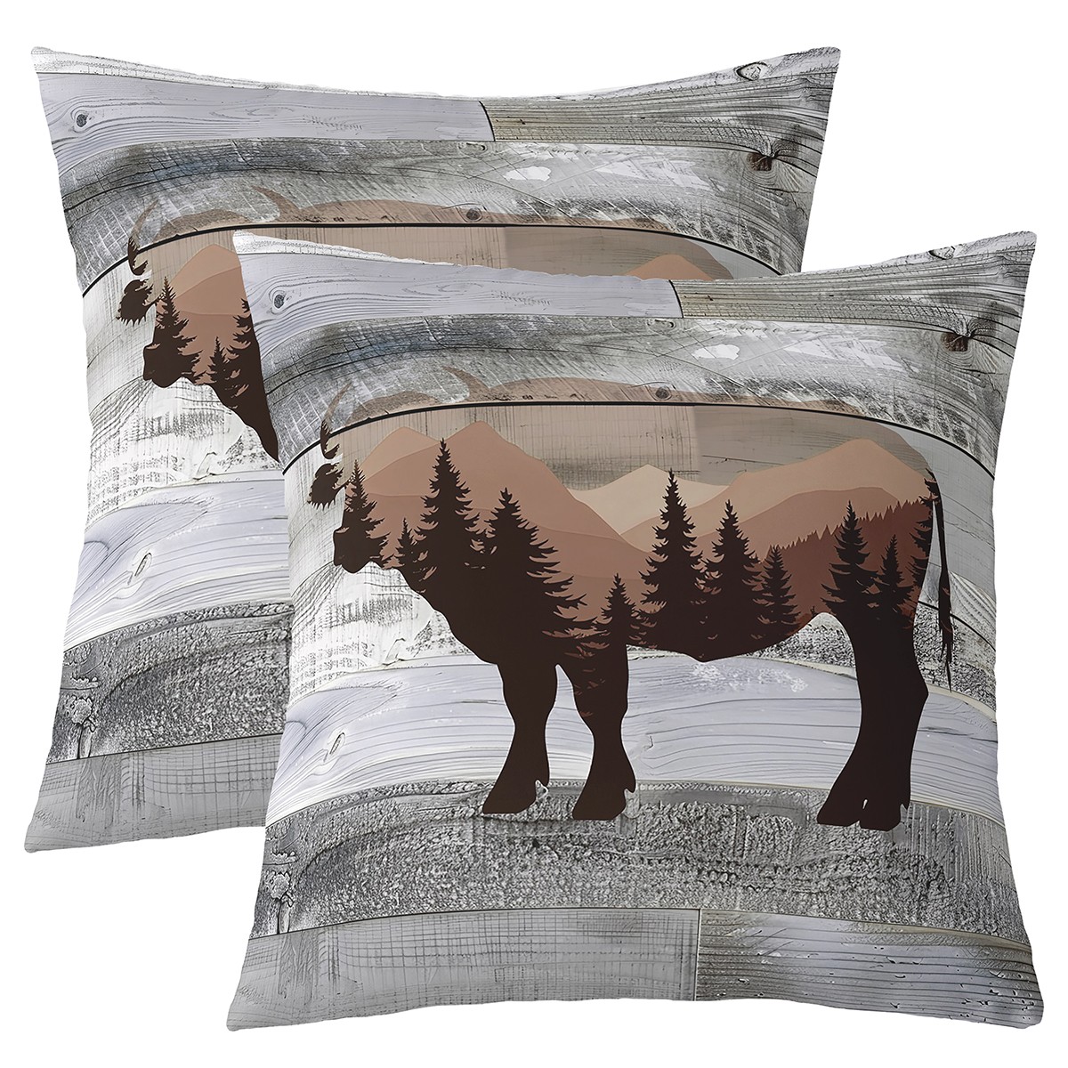 Set of 2 Hunting Bull 22x22 Pillow Cover, Rustic Safari Animals Ox ...