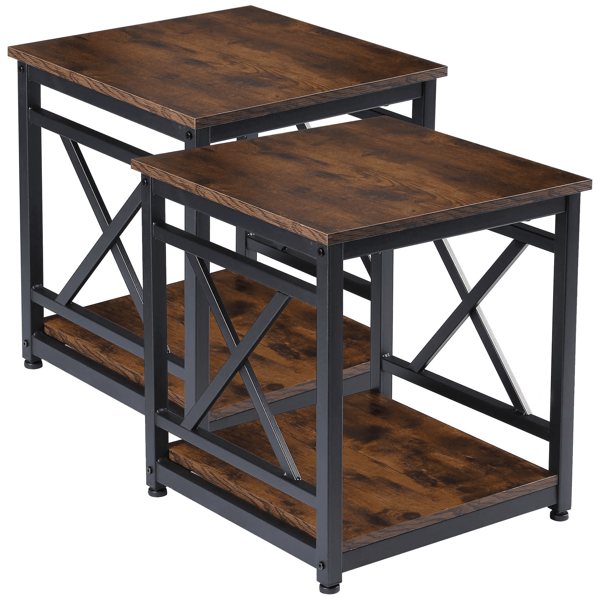 Set of 2 Industrial End Table Side Table with 2-Tier Storage Shelf, 18 ...