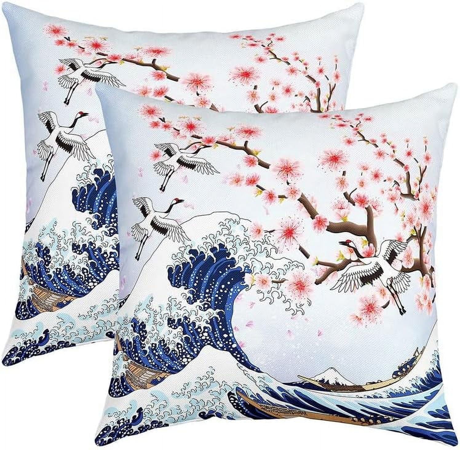 Set of 2 Japanese Style Throw Pillow Covers, Ocean Wave Sakura Flower ...