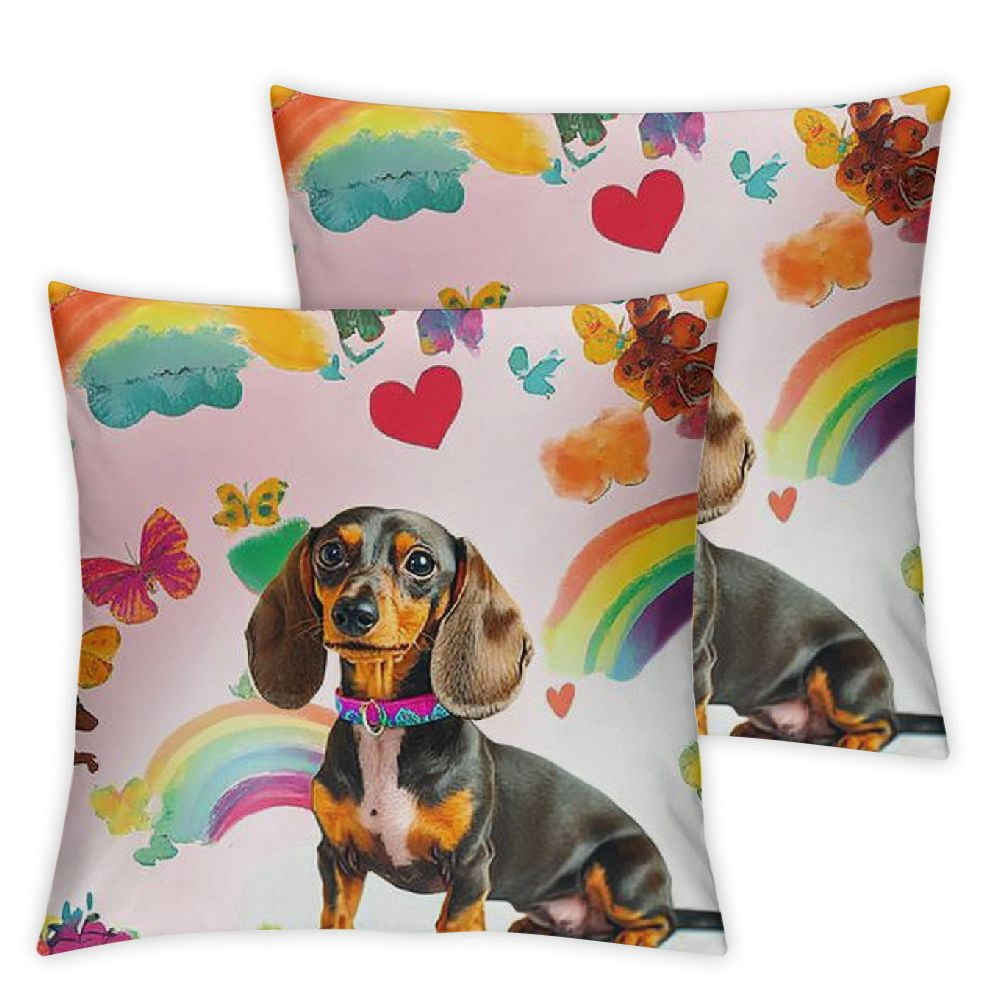 Set of 2 Kawaii Dachshund Throw Pillow Covers, Cute Rainbow Wiener Dog ...