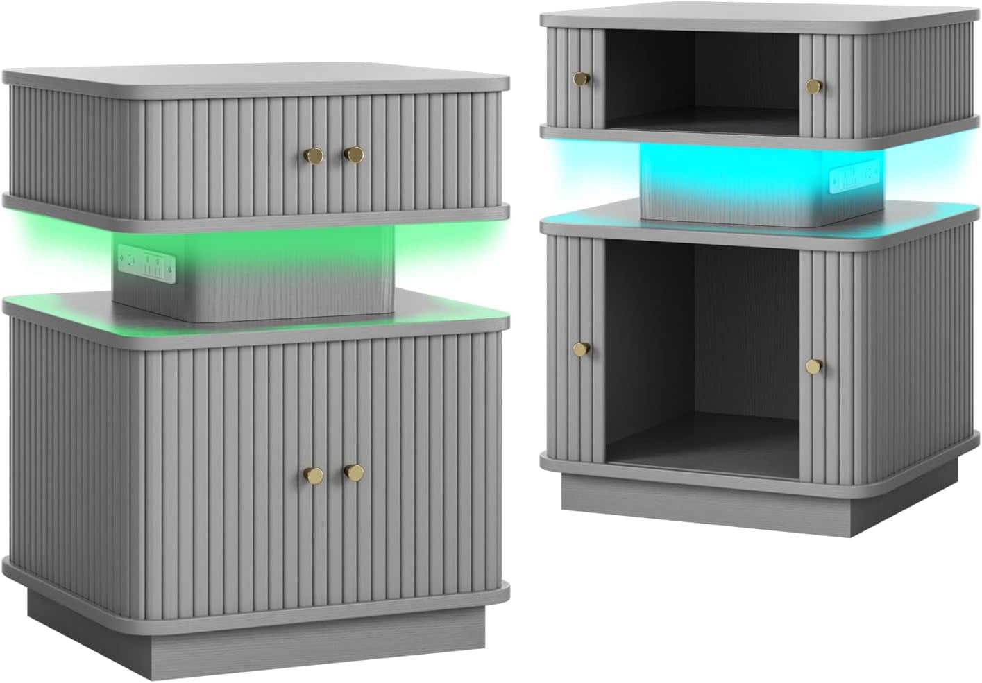 Set of 2 LED Light End Table with Charging Station, Grey Mid Century ...