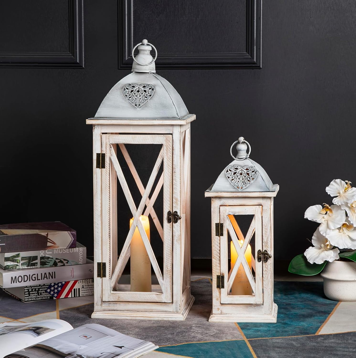 Set of 2 Large Farmhouse Wooden Metal Lanterns, Rustic Decorative Floor ...