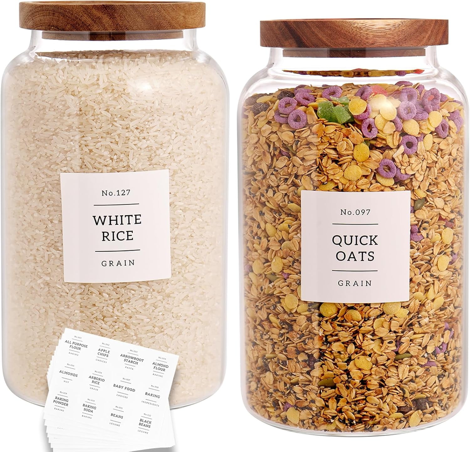Set of 2 Large Glass Flour and Sugar Containers with 132 Pantry Labels ...