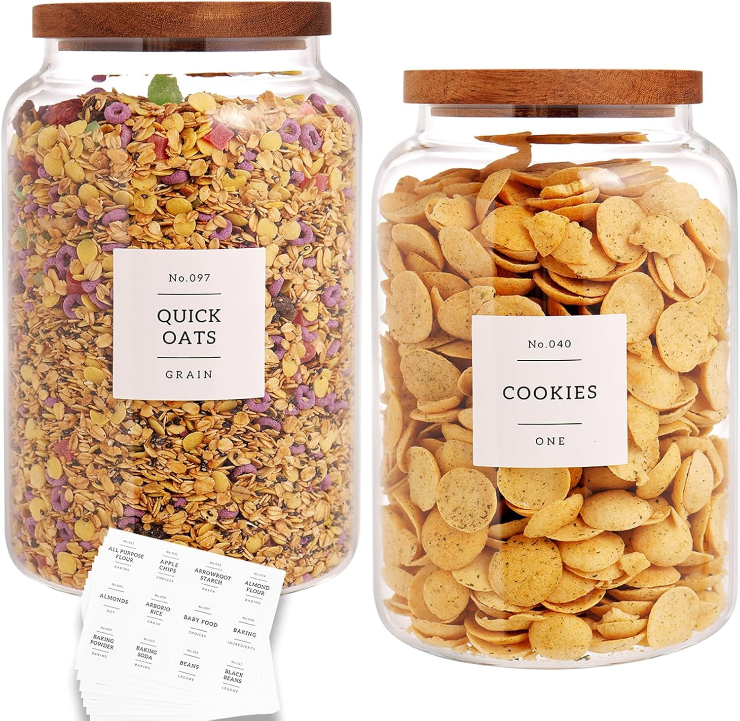 Set of 2 Large Glass Flour and Sugar Containers with 132 Pantry Labels ...