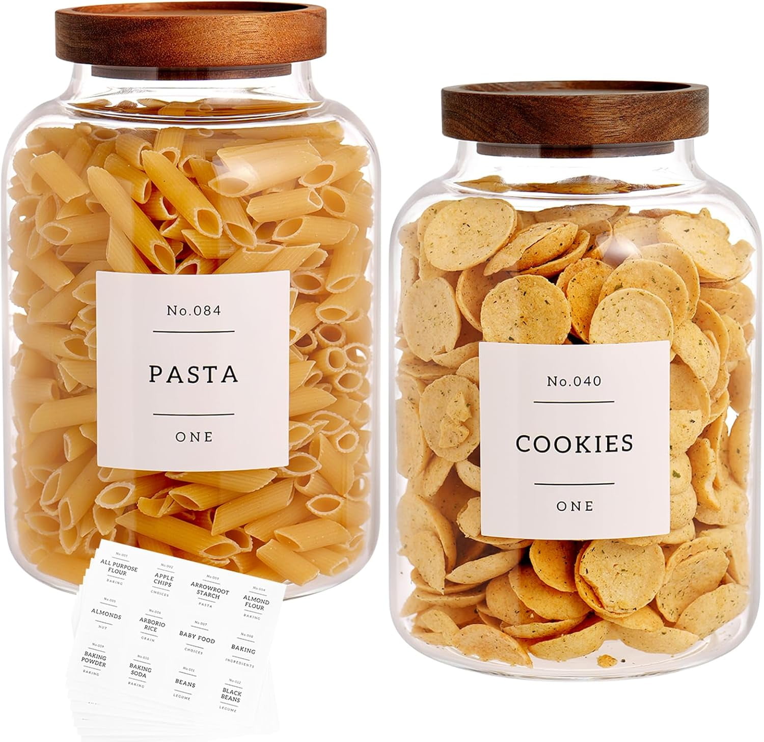Set of 2 Large Glass Flour and Sugar Containers with 132 Pantry Labels ...