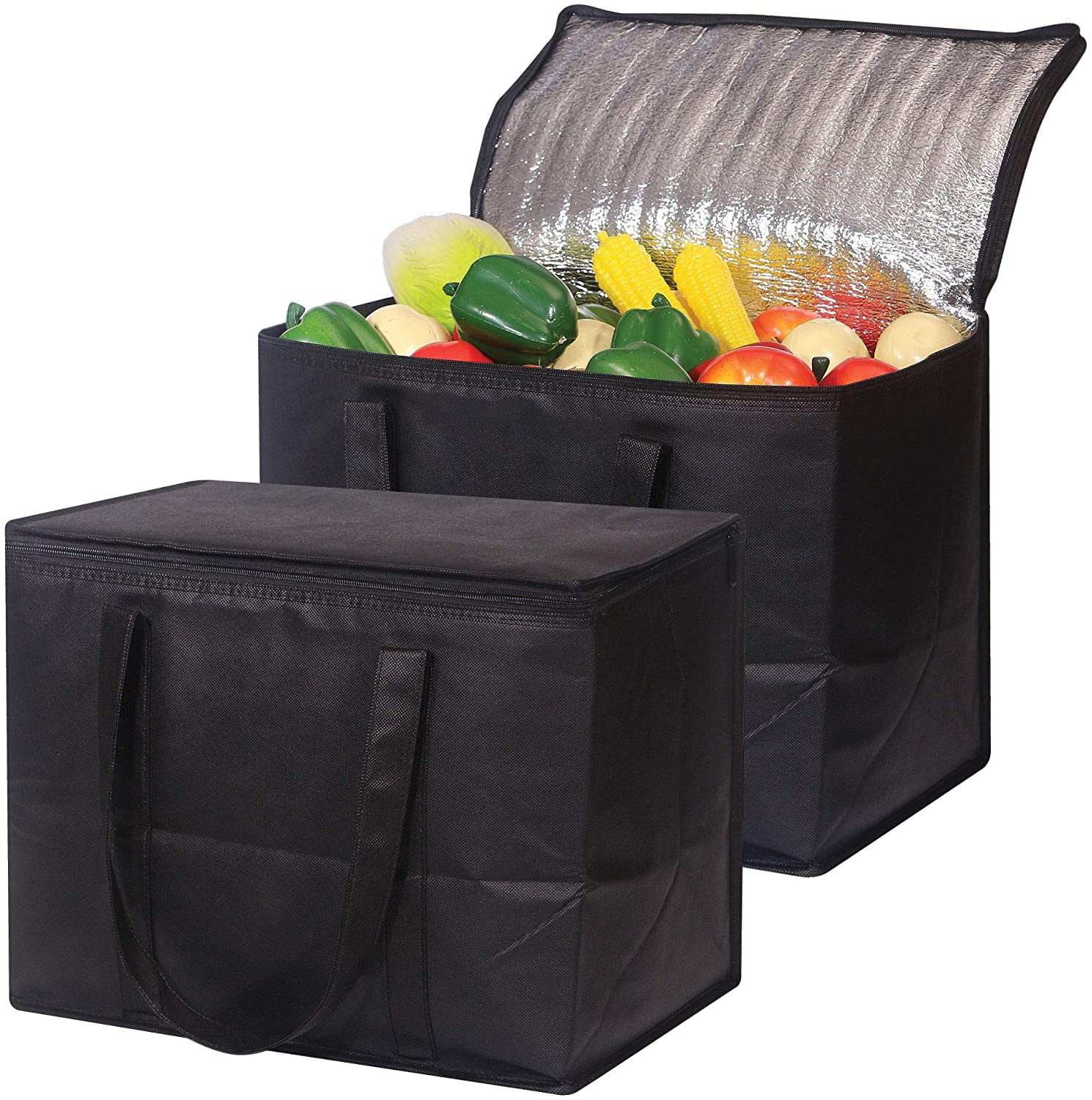 Set of 2 Large Insulated Reusable Grocery Bags with Sturdy Zipper and ...