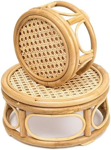 Set of 2 Large Rattan Wicker Round Risers Decorative Indoor Stand, Mid ...