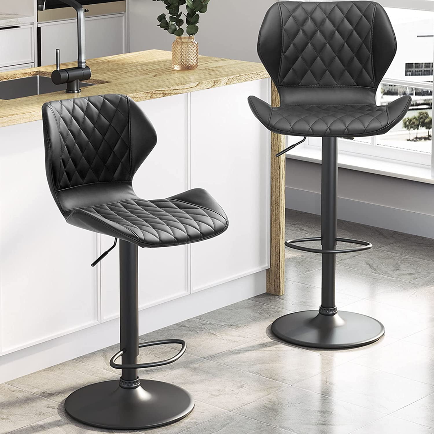 Set of 2 Leather Bar Stools Adjustable Height Bar Chairs Pair Swivel ...