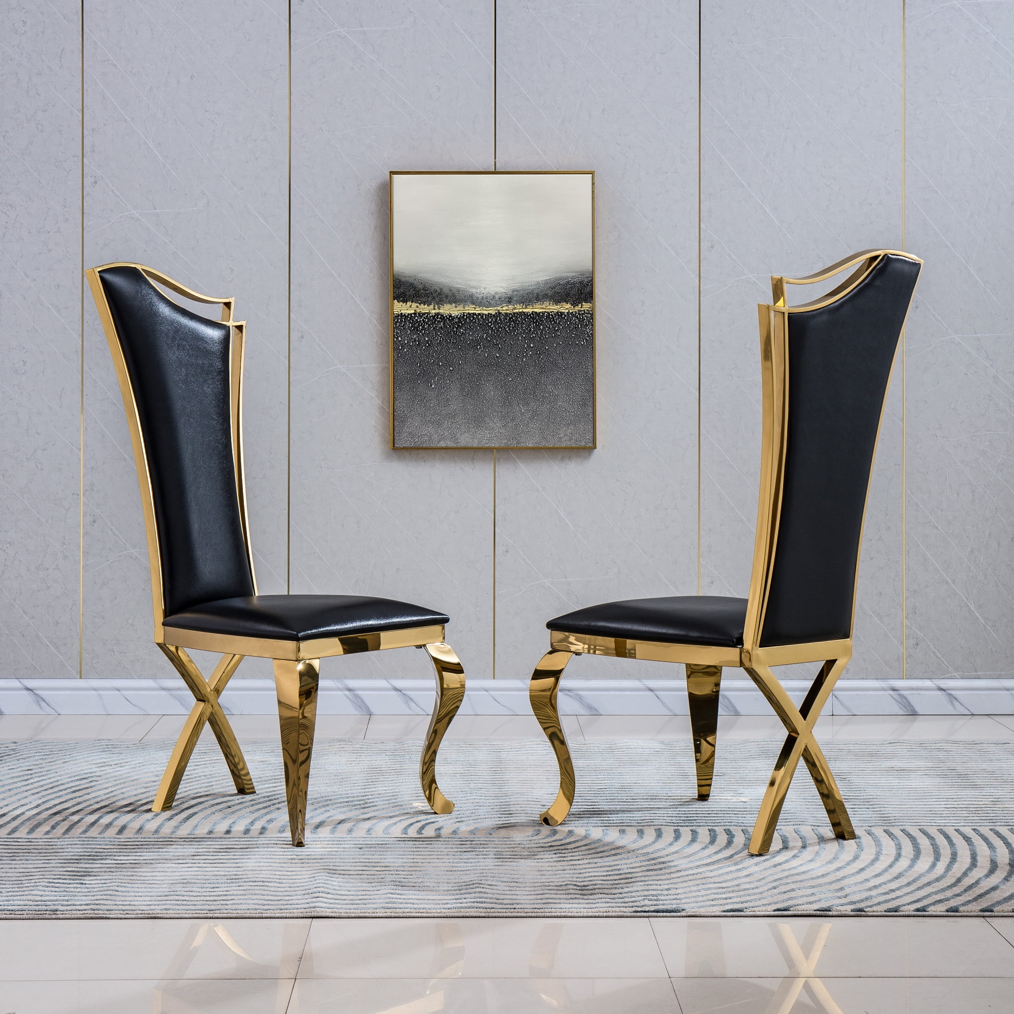 Set of 2 Leatherette Unique Design Backrest Dining Chair with Golden ...