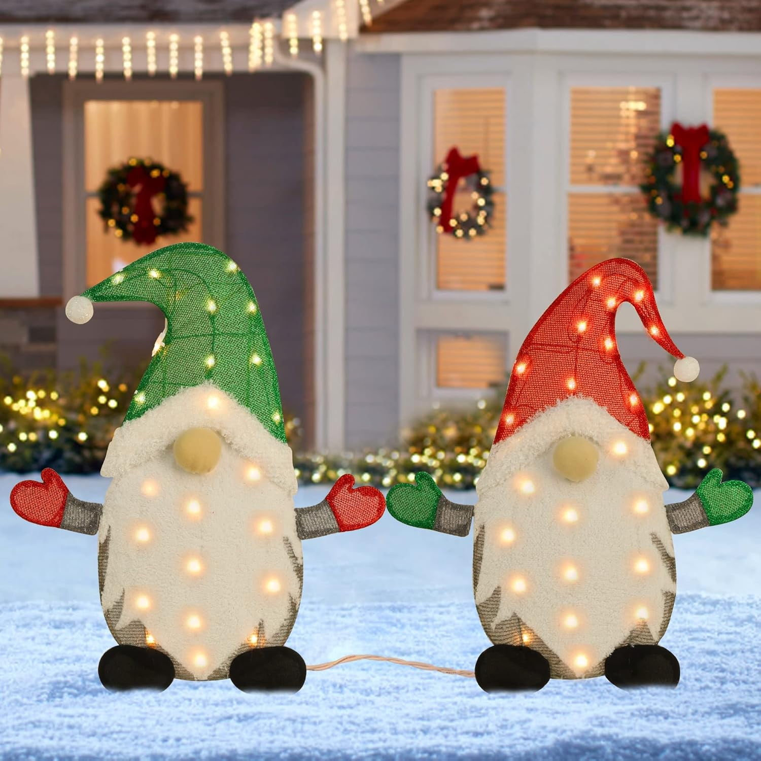 Set of 2 Lighted Christmas Tinsel Gnomes Decorations, 24 Inch Pre-Lit ...