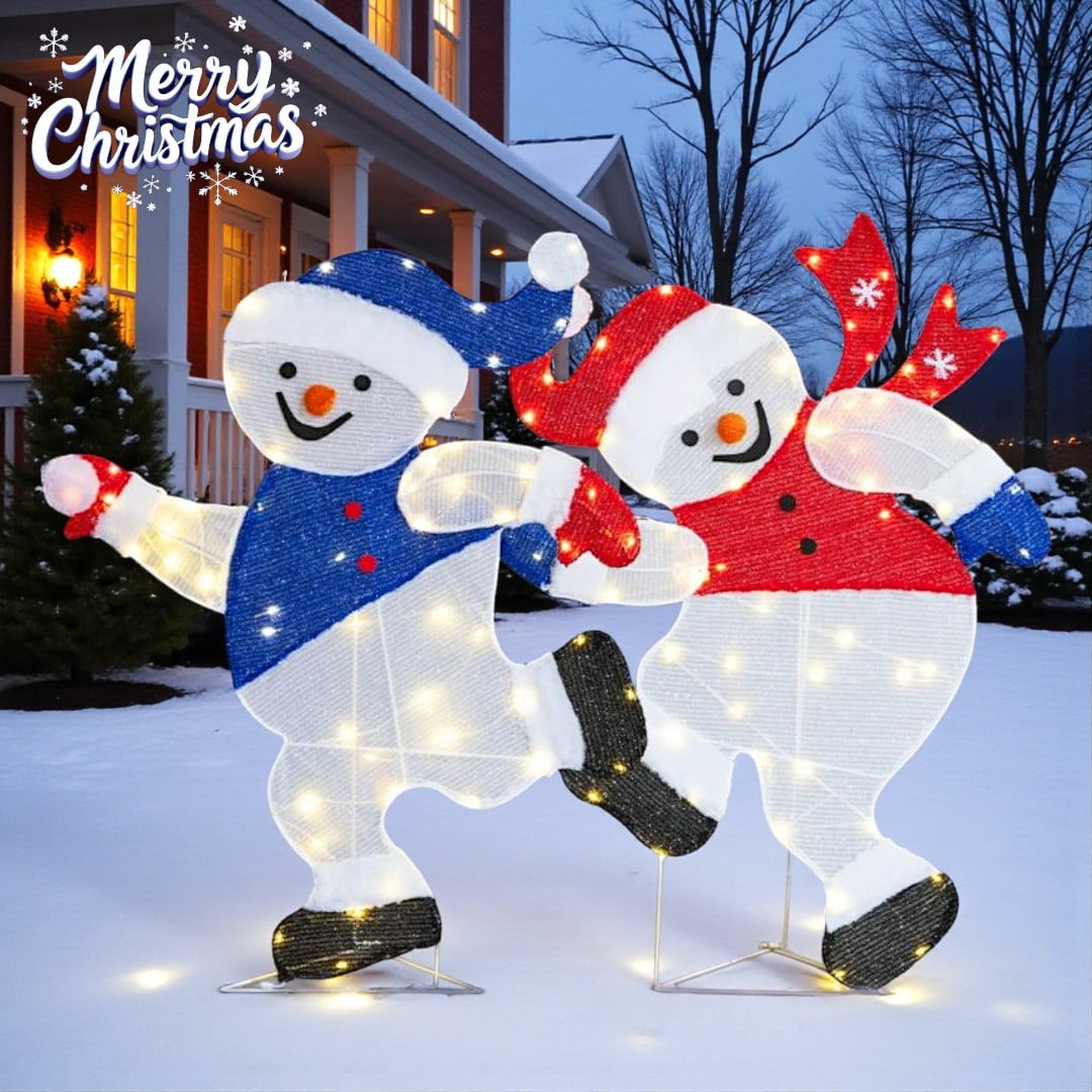 Set of 2 Lighted Snowmen Christmas Decorations, Pre-Lit 2D Cute Running ...