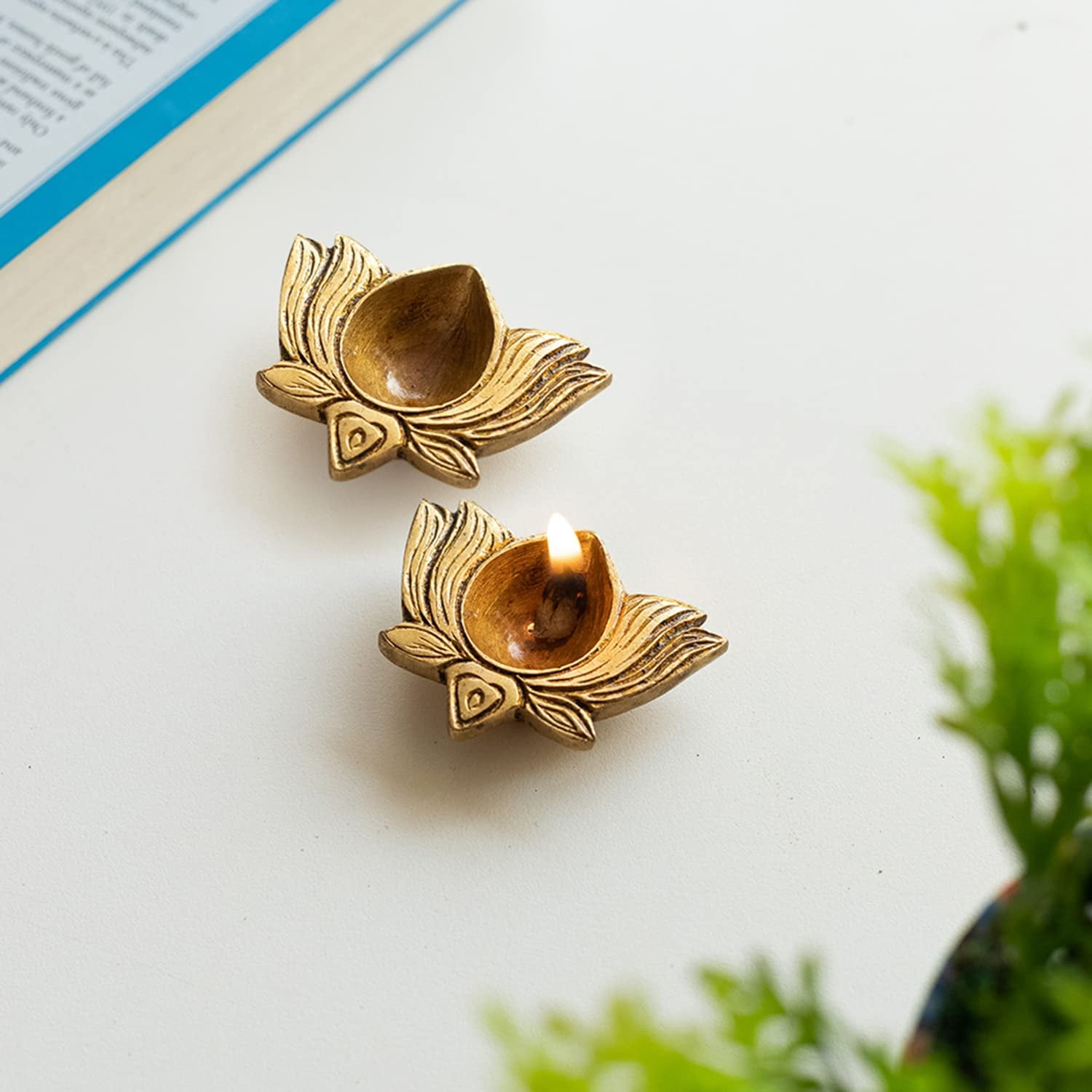 Set of 2 Lotus Pooja Puja Diya Oil lamp in Metal Antique Gold Plated ...