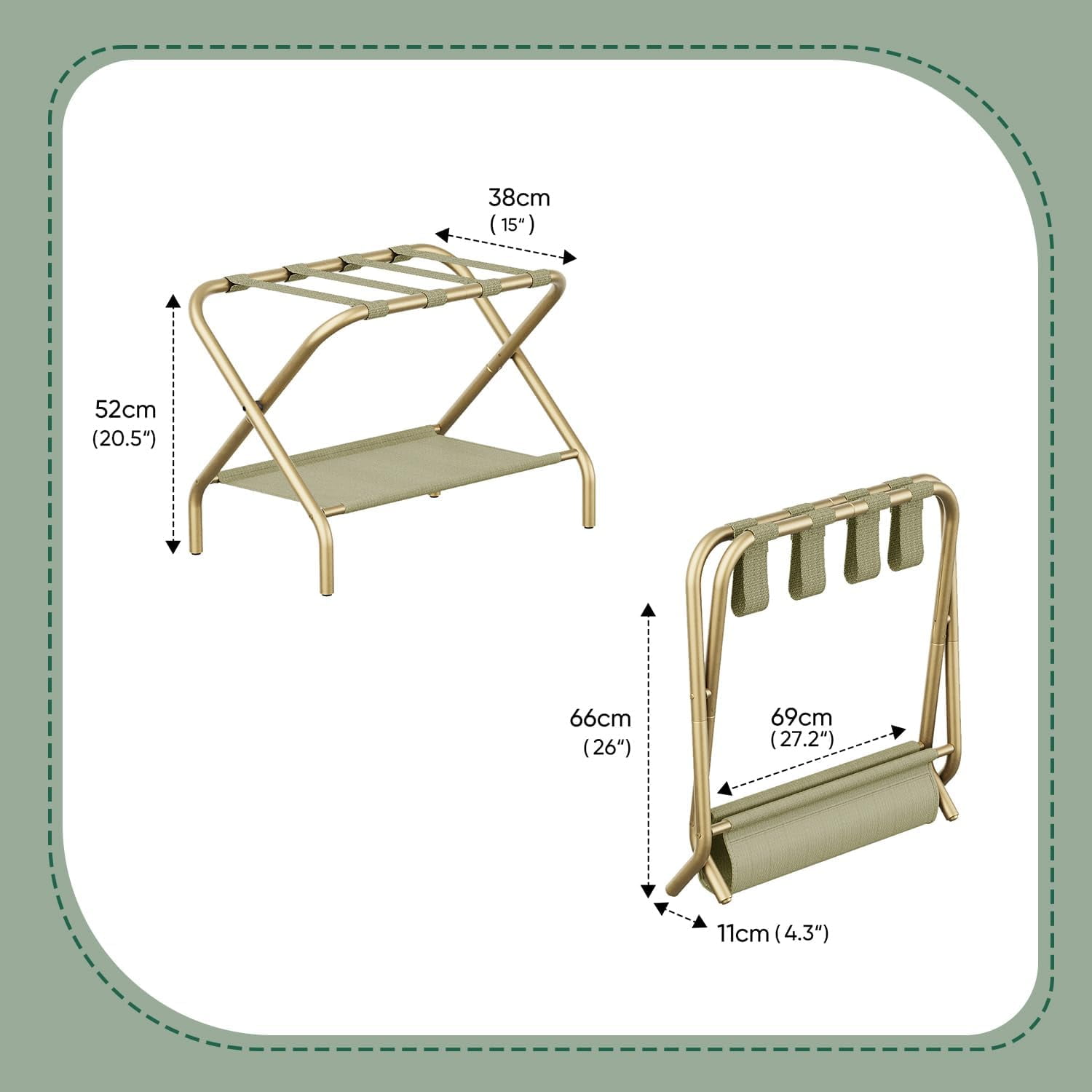 Set of 2 Luxury Gold Luggage Racks with Fabric Shelves - Heavy Duty ...