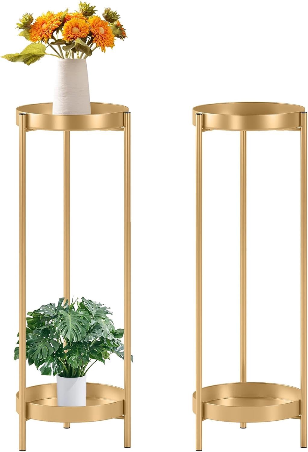 Set of 2 Metal Gold Tall Plant Stands Indoor or Outdoor- 30 inch 2 Tier ...