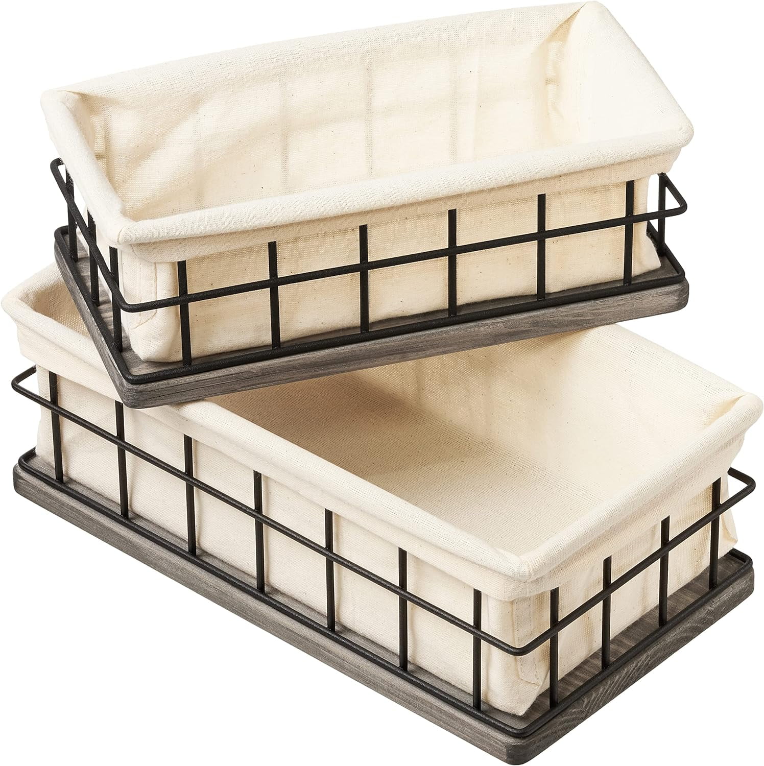 Set of 2 Metal & Wooden Basket with Liners - Bathroom Basket Organizer ...