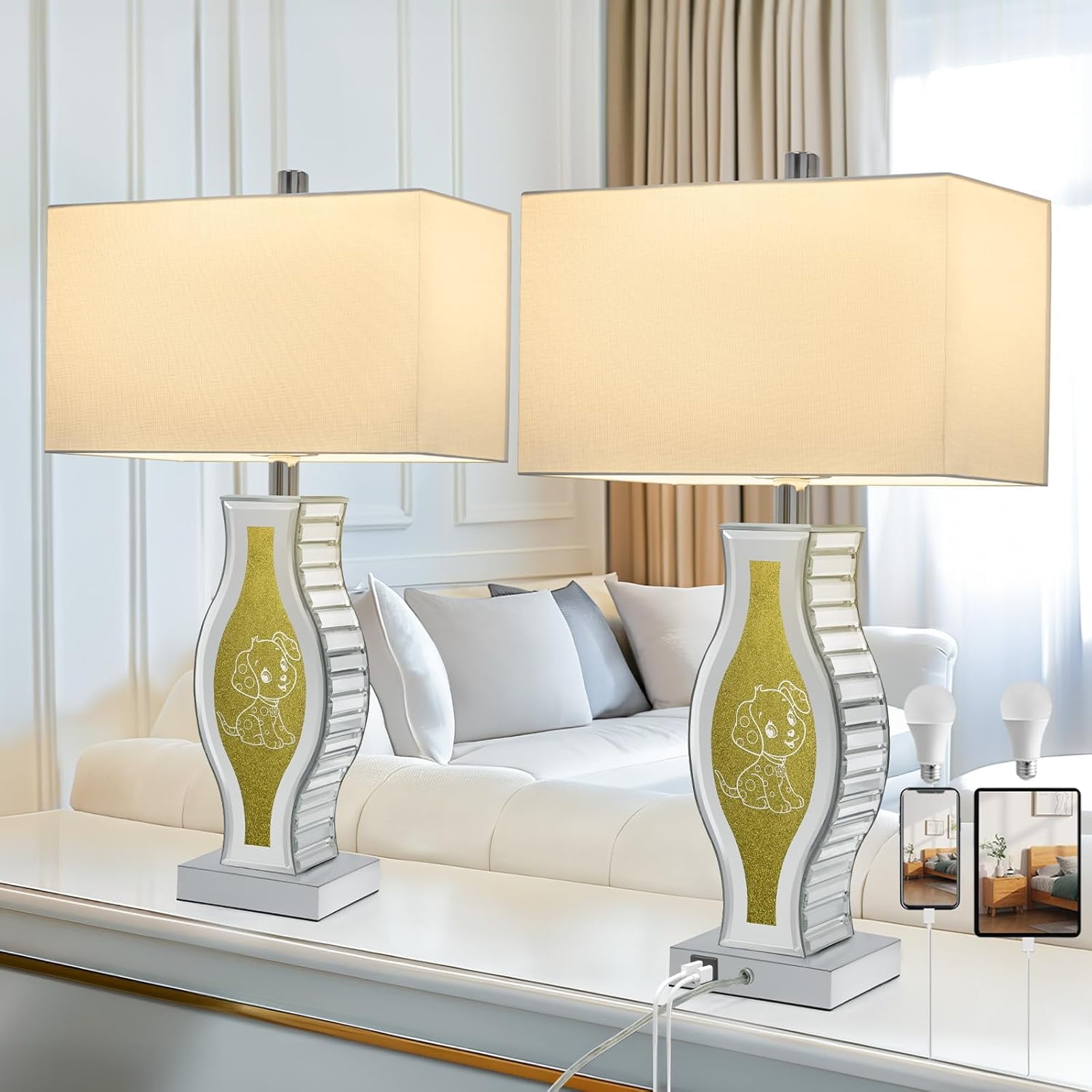 Set of 2 Mirrored Glass Bedside Table Lamps with 2 USB Ports for ...
