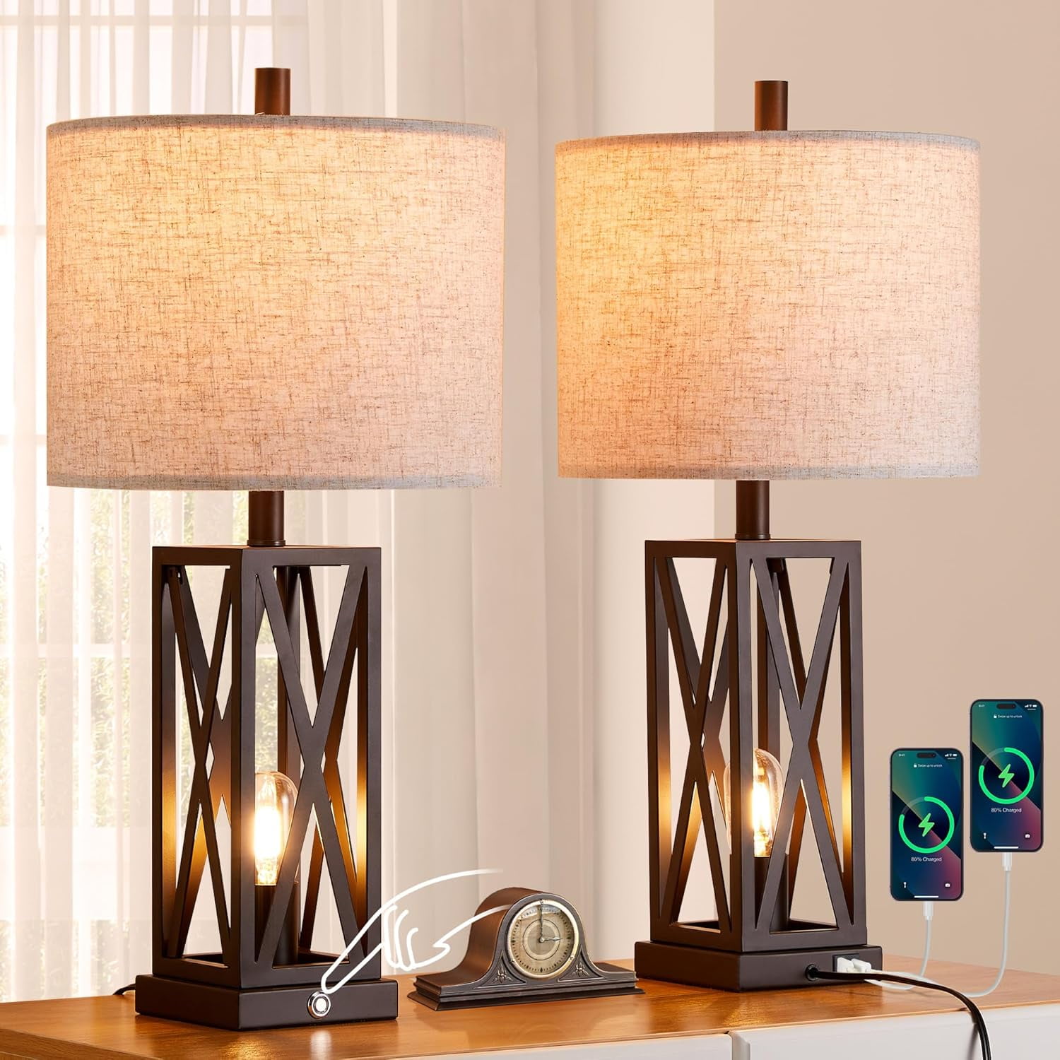 Set of 2 Modern Bedside Lamps, 3 Way Dimmable Rustic Touch Table Lamp ...
