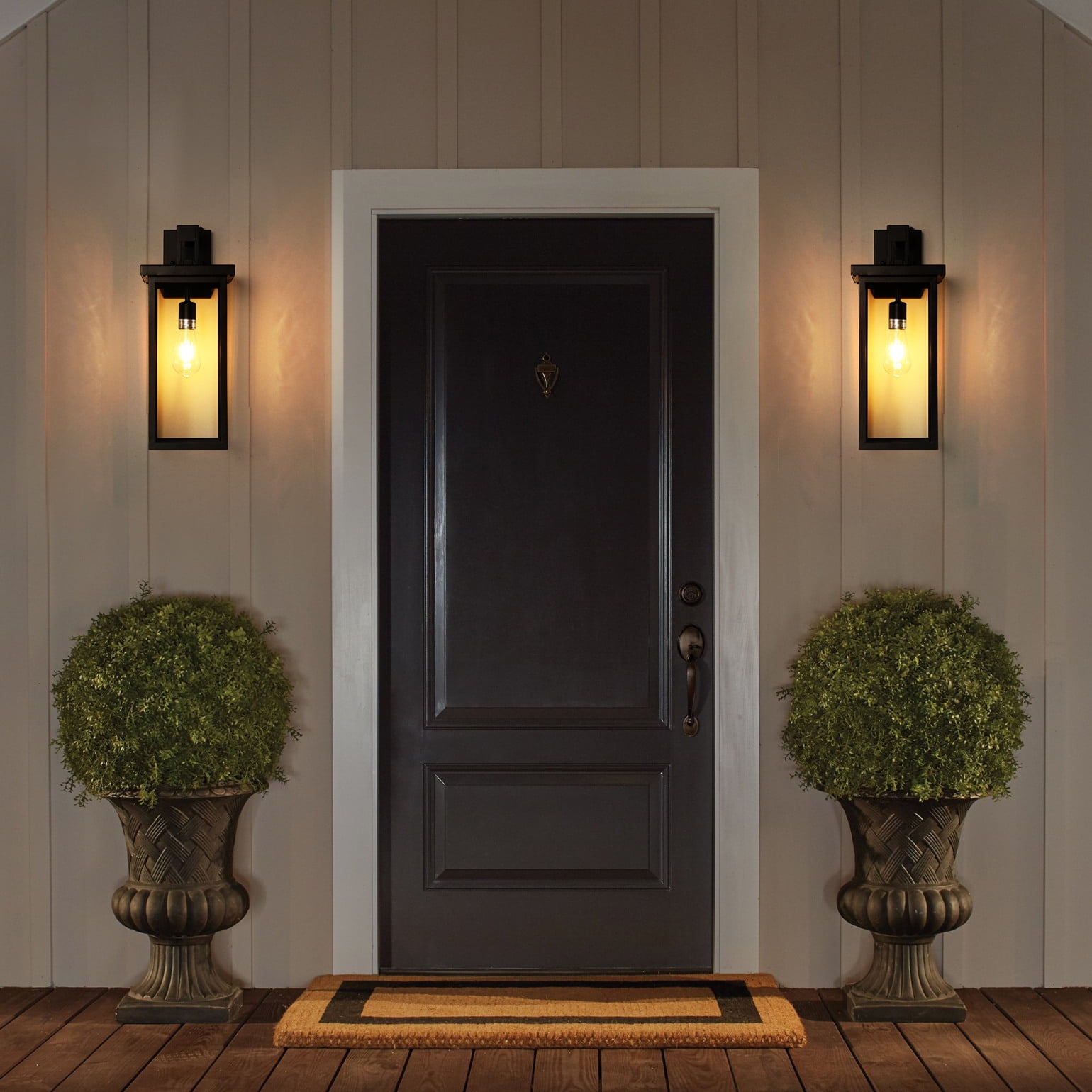 Set of 2 Modern Black Metal Outdoor Wall Lanterns with Ambient Light ...