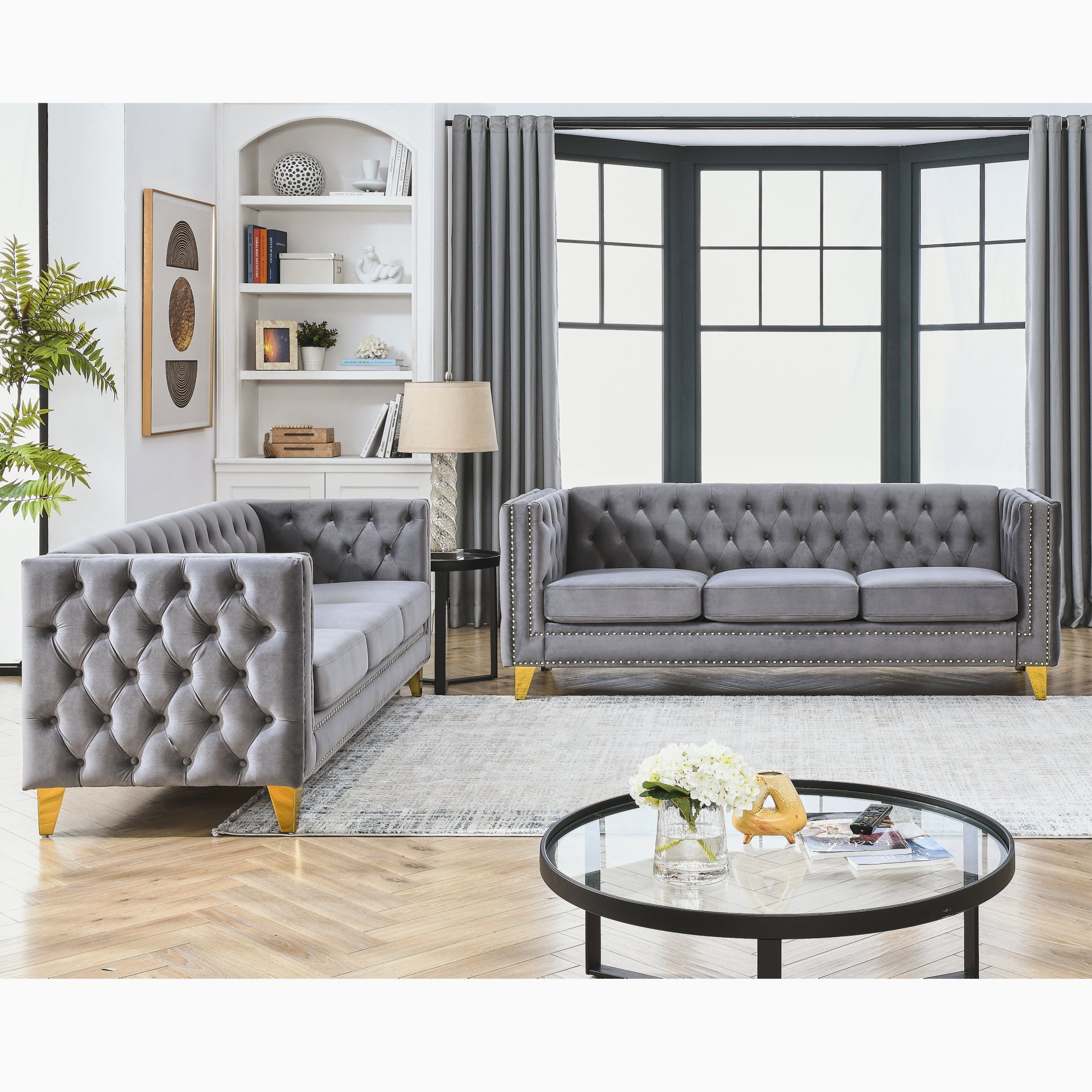 Set of 2 Modern Classic 3-Seater Sofa with Nailhead Trim, Buttons ...