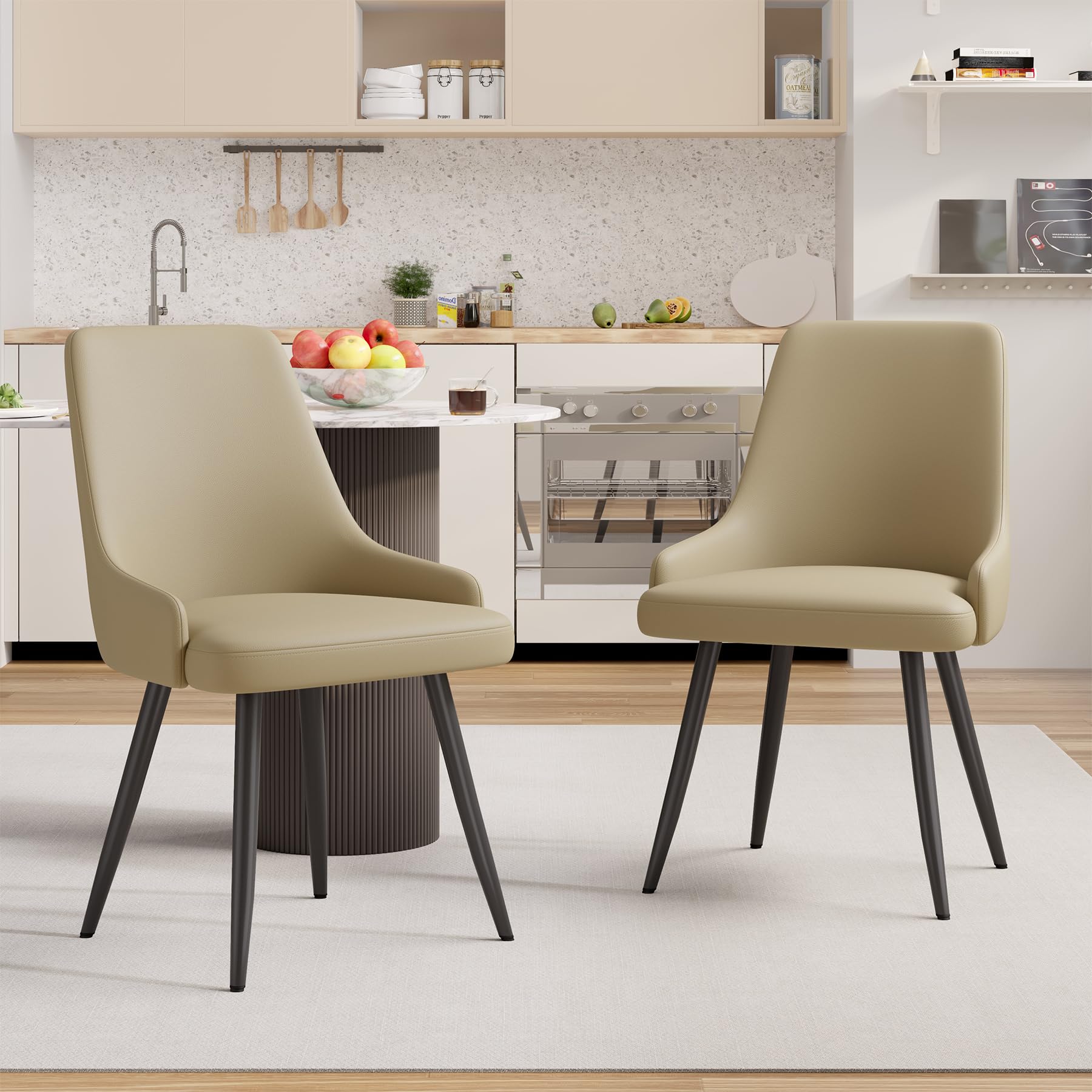 Set of 2 Modern Dining Chairs, Thick Cushioned Faux Leather Upholstered ...