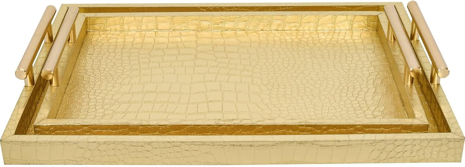 Set of 2 Modern Elegant Large Wood Serving Tray, Rectangle Decorative ...