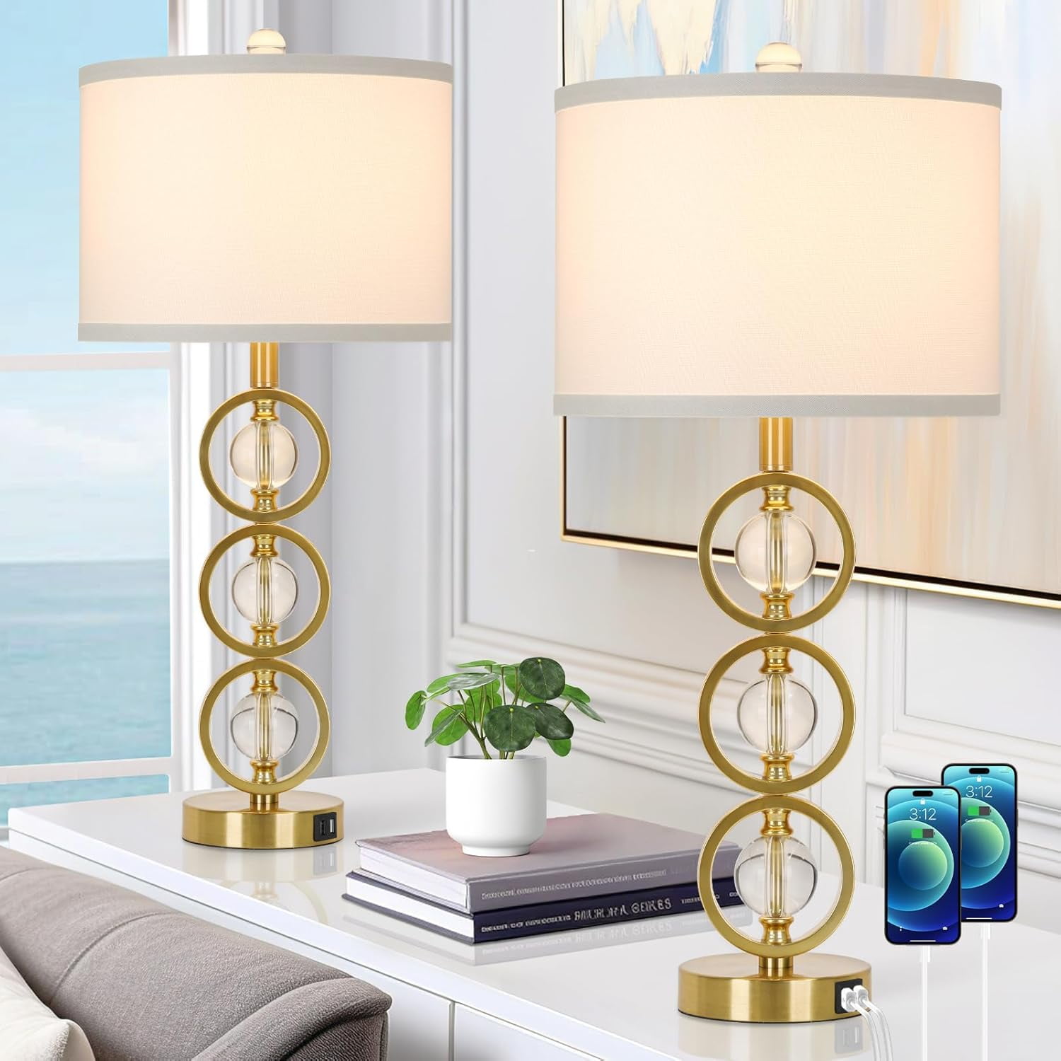 Set of 2 Modern Gold Table Lamps with 2 USB Charging Ports, 27“ Tall ...