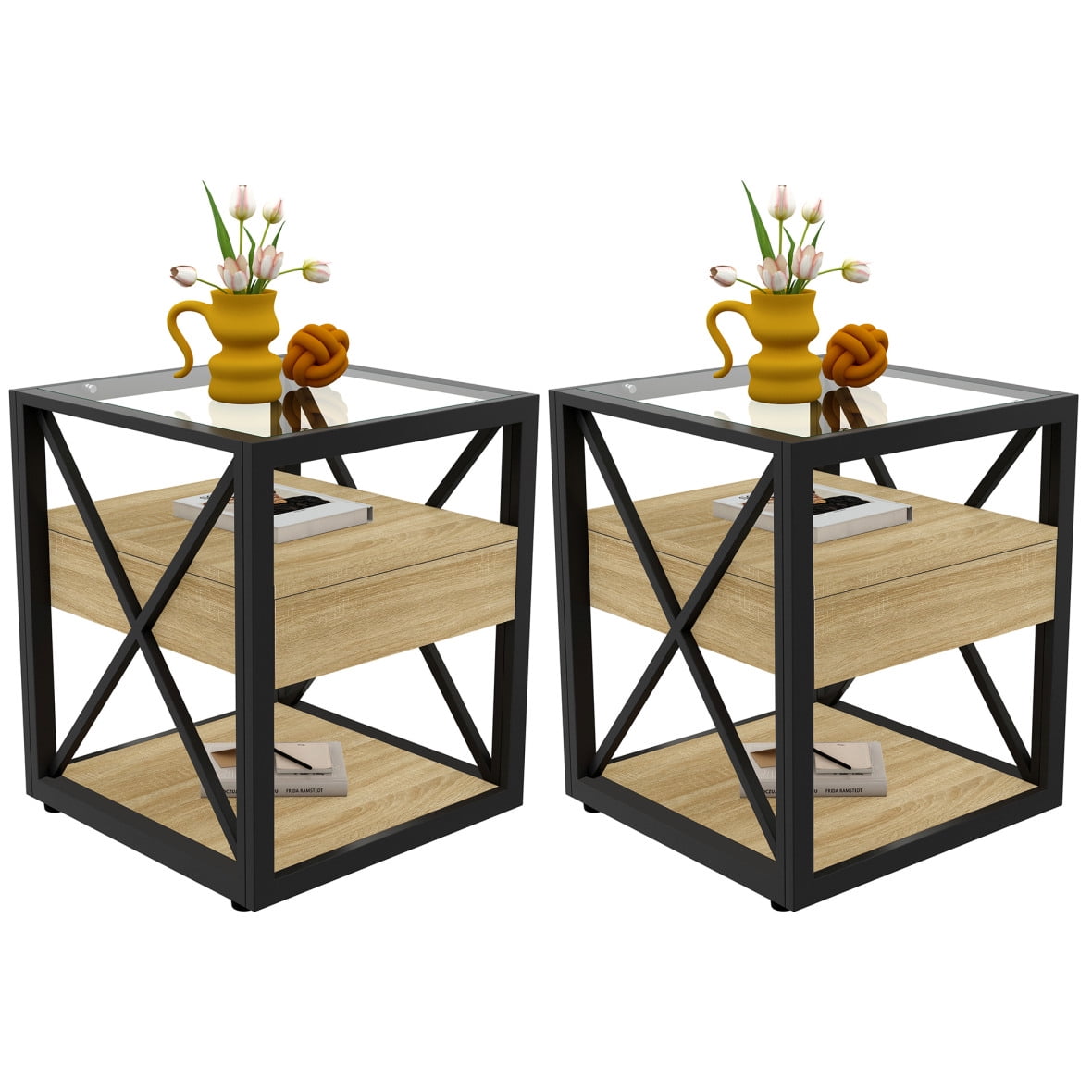 Set of 2 Modern Industrial End Tables with Storage Drawer - Compact ...