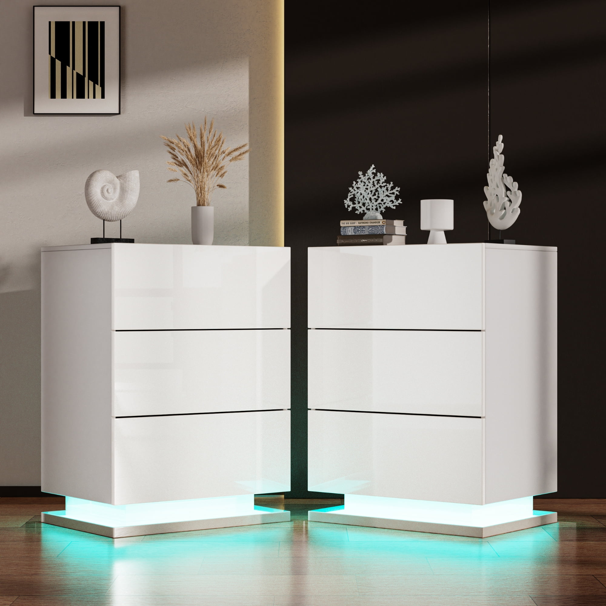 Set of 2 Modern Tall Nightstands with LED, Featuring 3 Drawers & Flip ...
