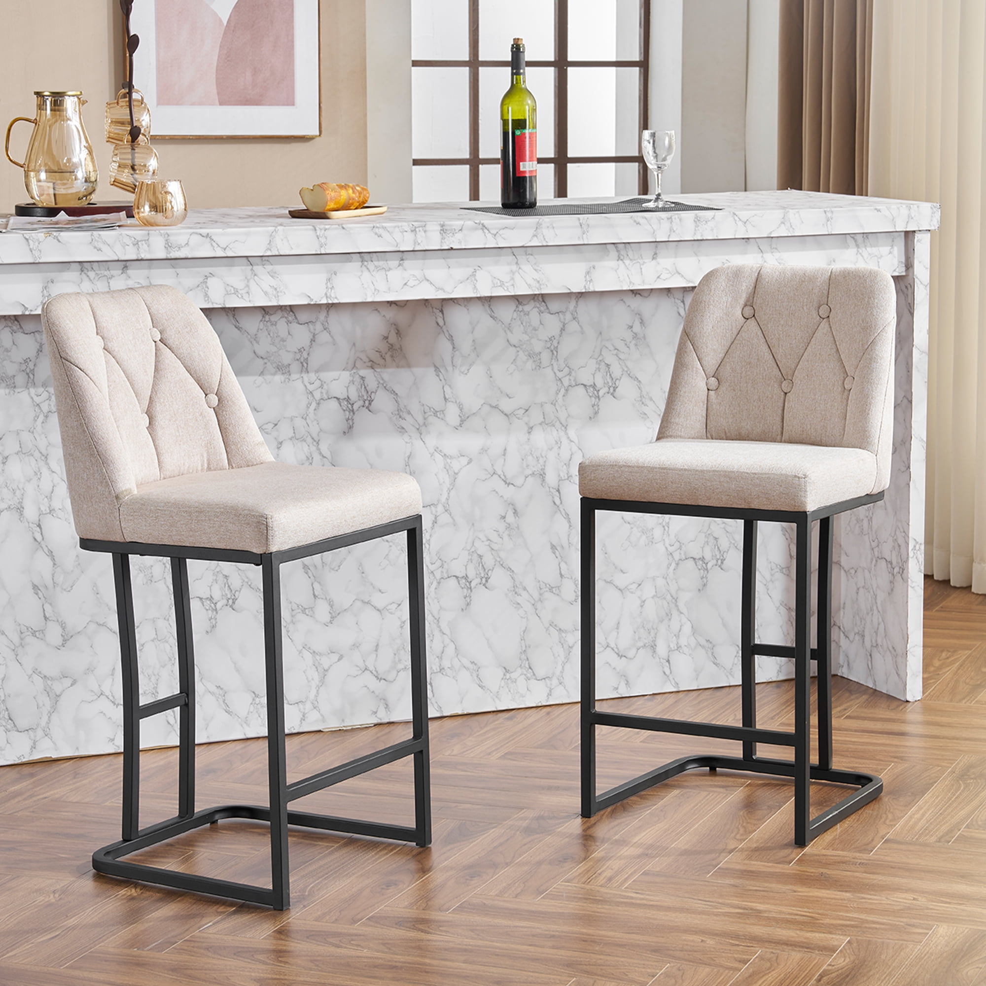 Set of 2 Modern Upholstered Bar Stool with Button-Tufted Backrest ...