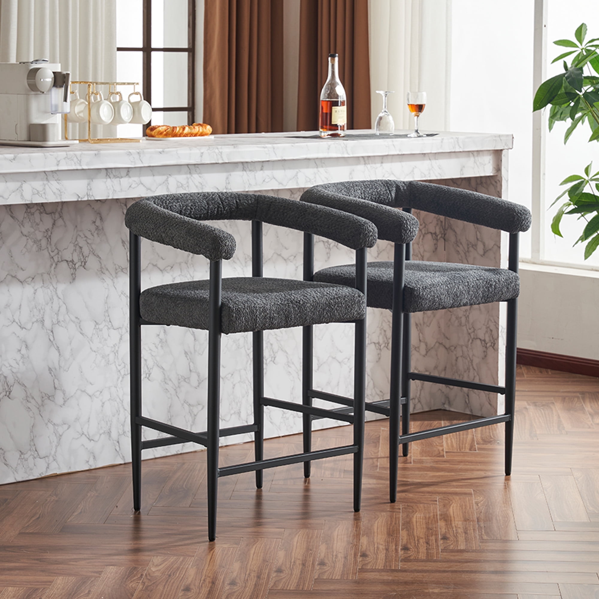 Set of 2 Modern Upholstered Bar Stools, Boucle Fabric Counter Height ...