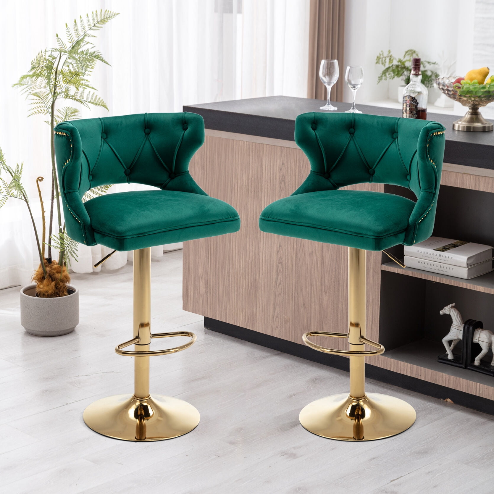 Set of 2 Modern Velvet Bar Stools, 360° Swivel Dining Chairs with ...