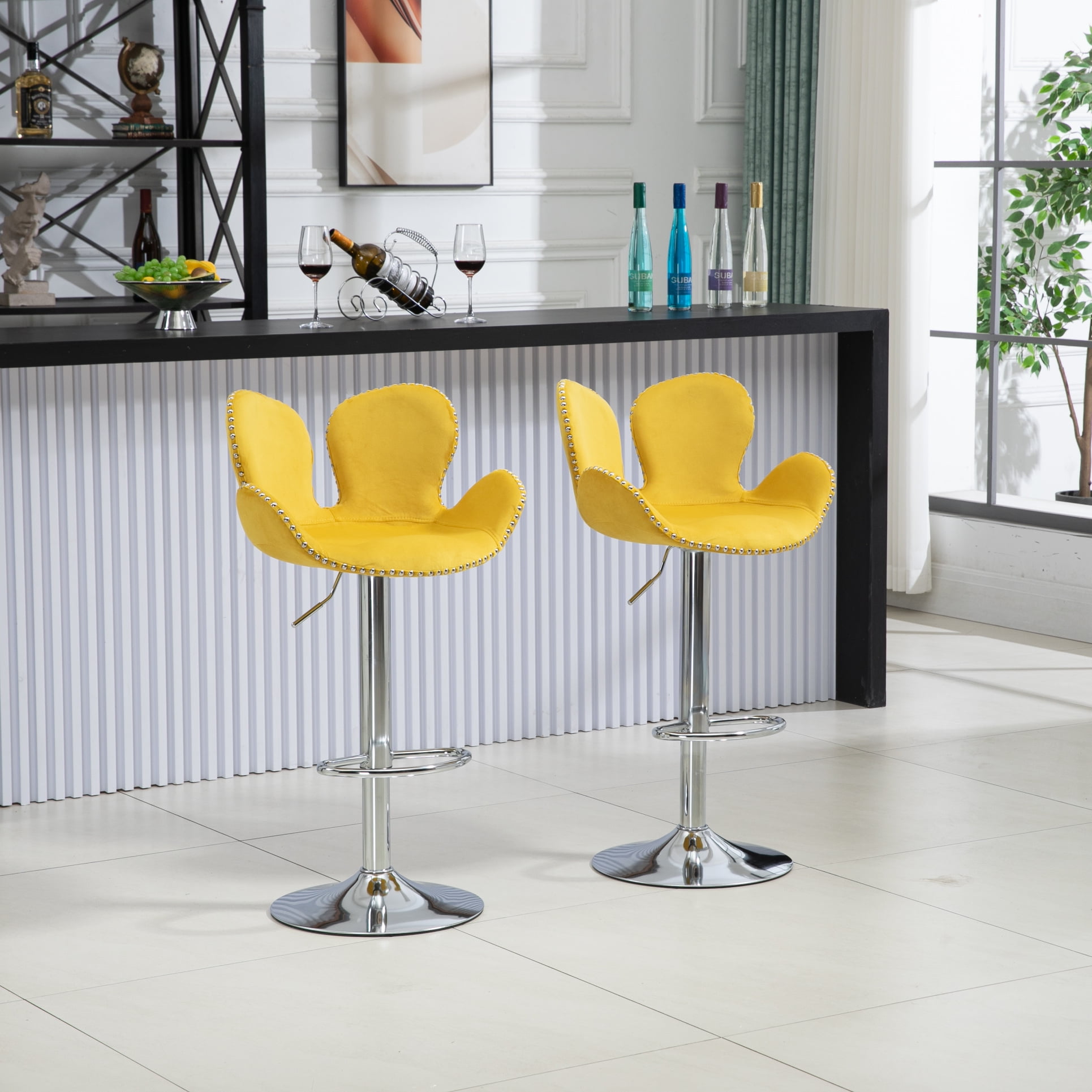 Set of 2 Modern Velvet Bar Stools with Footrest, 360° Swivel Dining ...