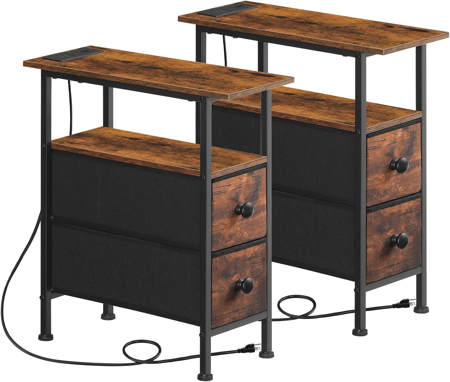 Set of 2 Narrow End Tables with Charging Station, Slim Side Table with ...