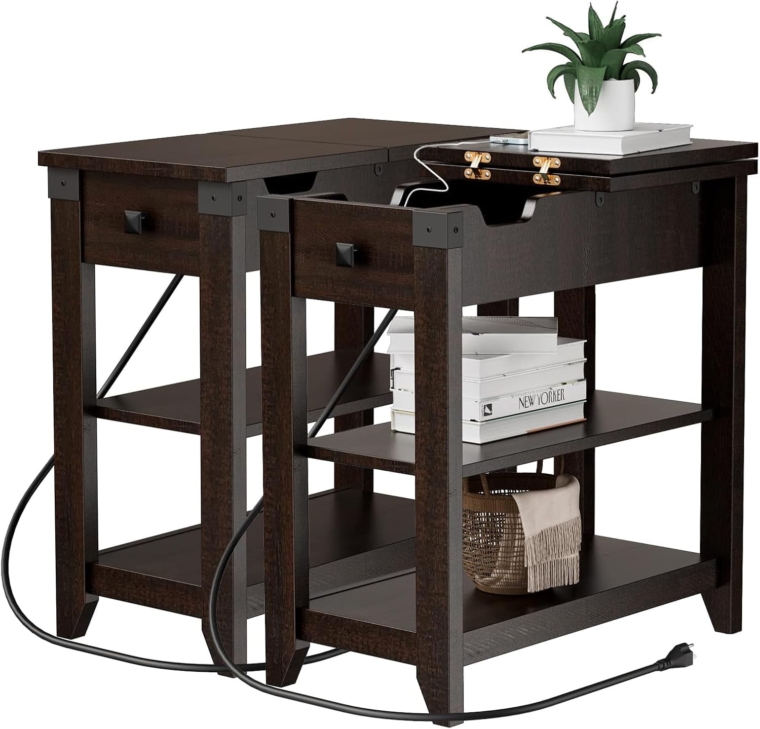 Set of 2 Narrow End Tables, Flip Top Side Tables with Charging Station ...