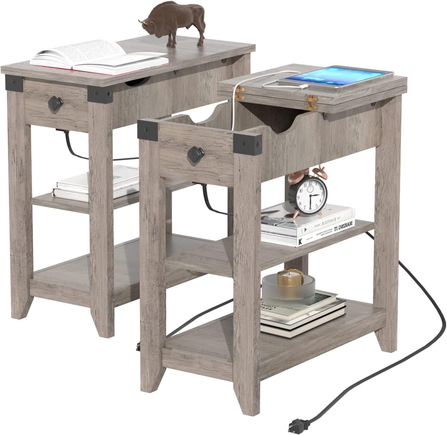 Set of 2 Narrow End Tables, Flip Top Side Tables with Charging Station ...
