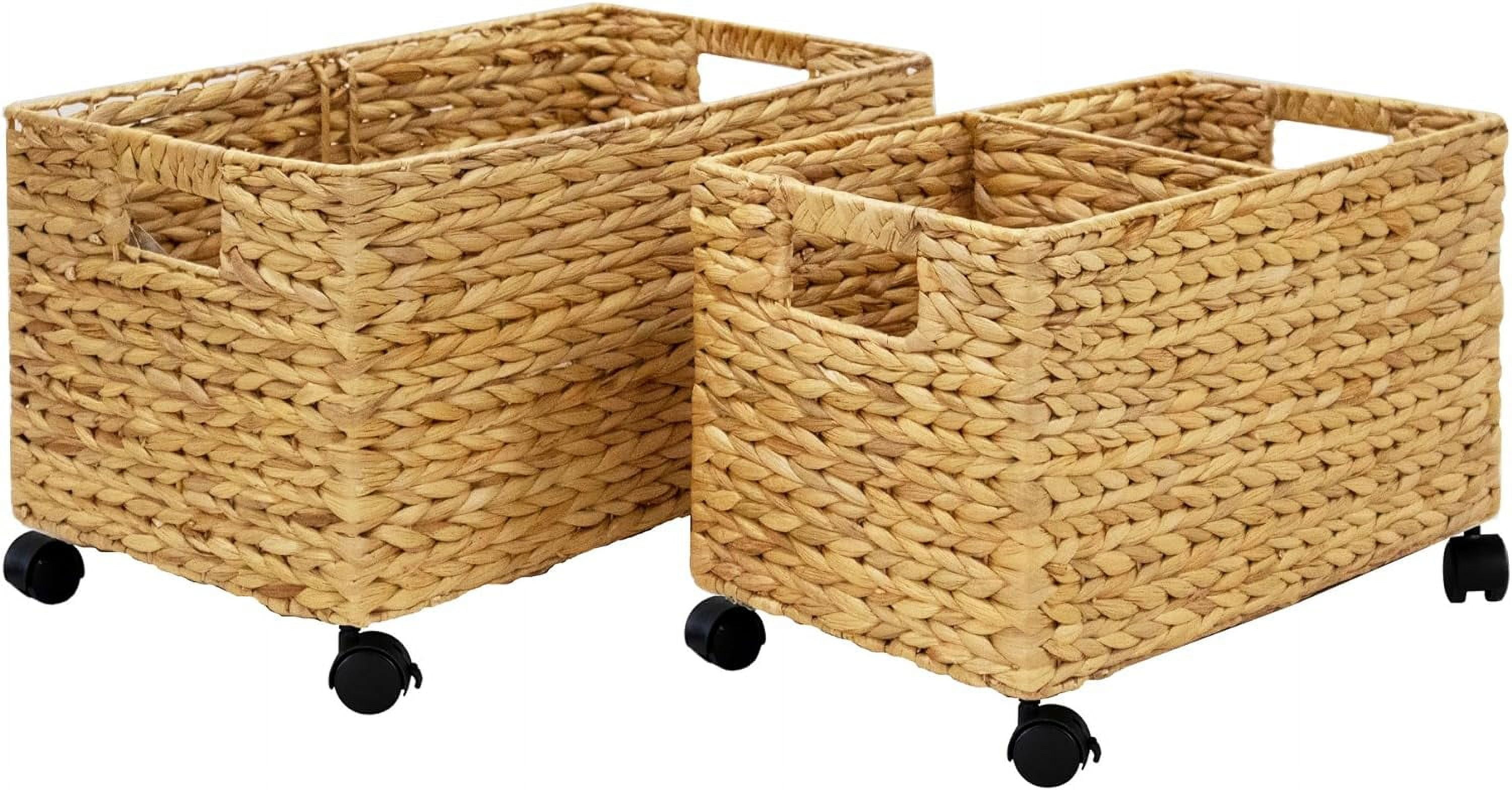 Set 2 Nesting Natural Wicker Rolling Storage Baskets on Wheels w Insert ...