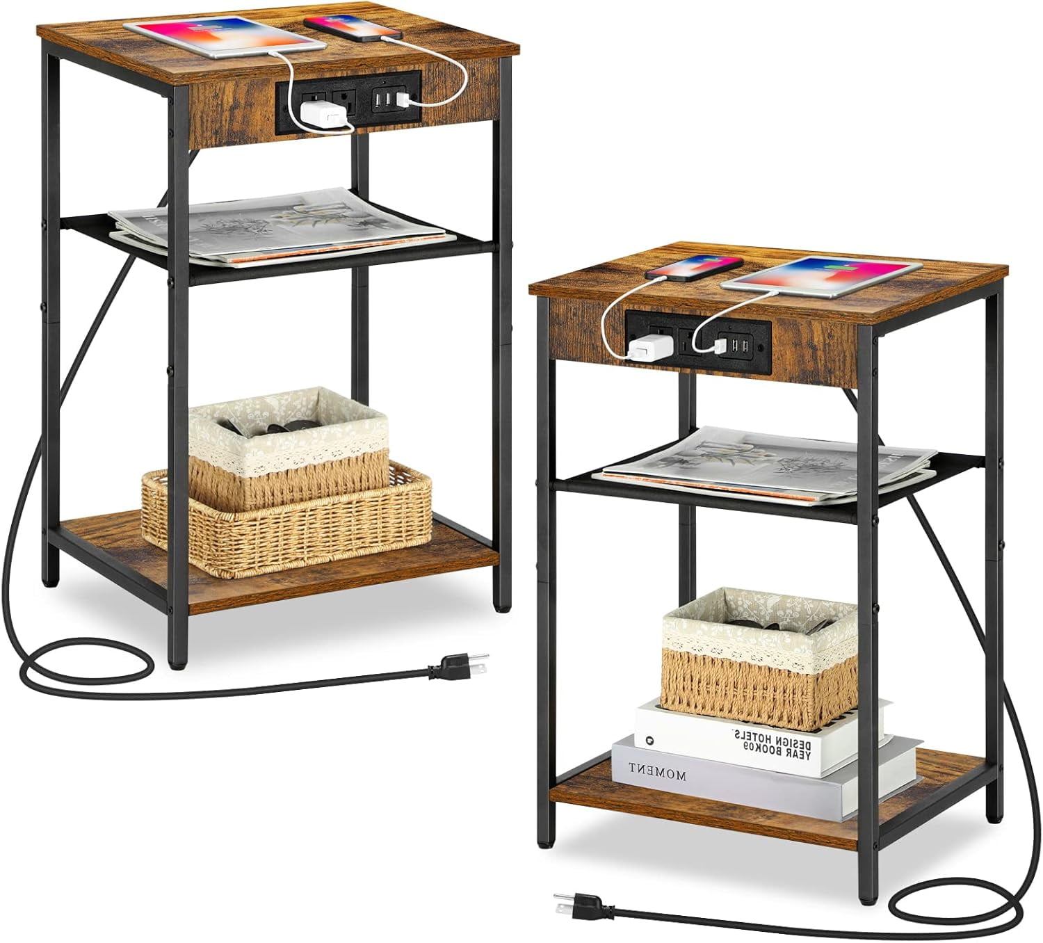 Set of 2 Nightstand with Charging Station, 3 Tier End Table with USB ...
