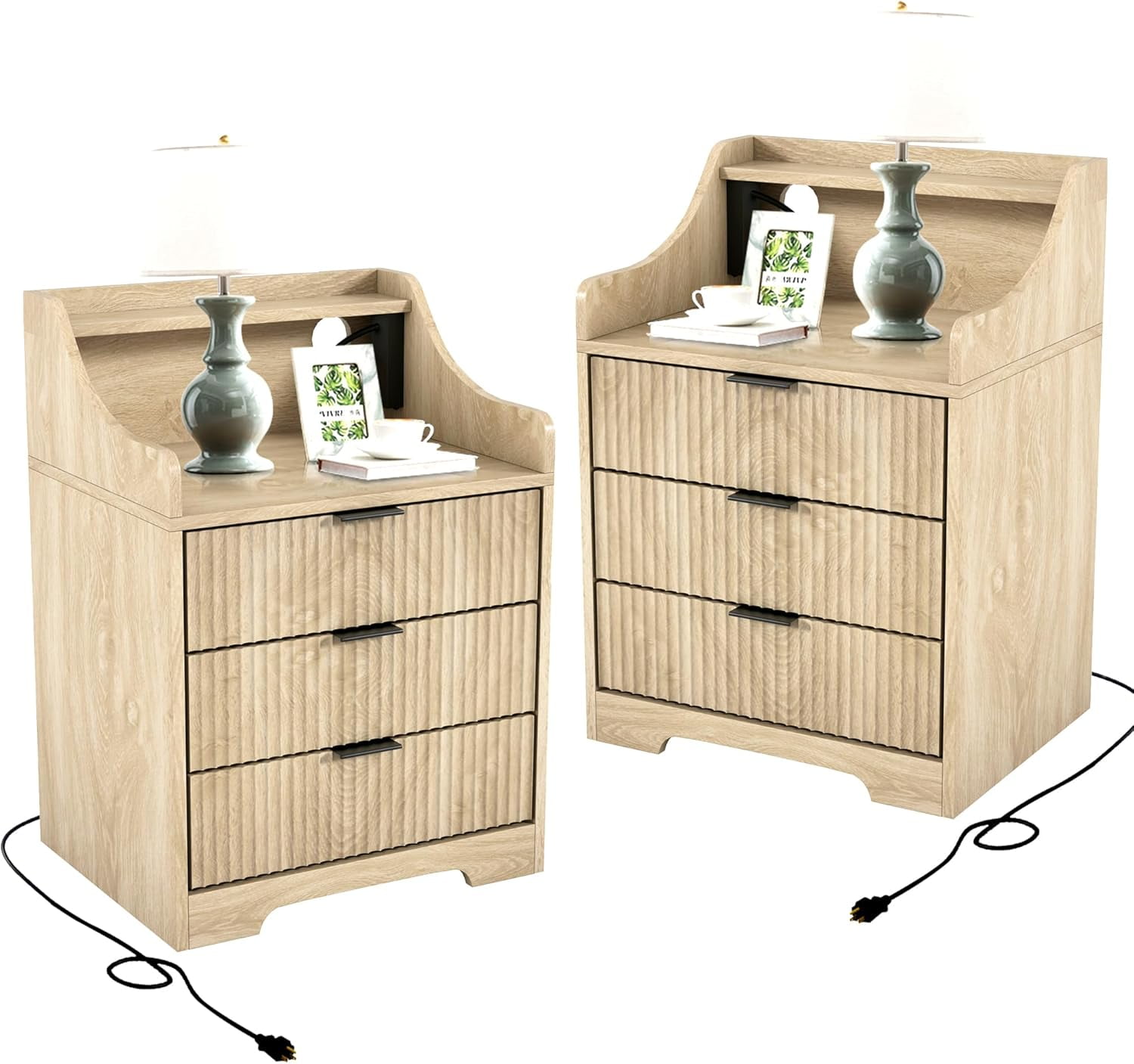 Set of 2 Nightstand with Charging Station Accent Fluted Bedside Table ...
